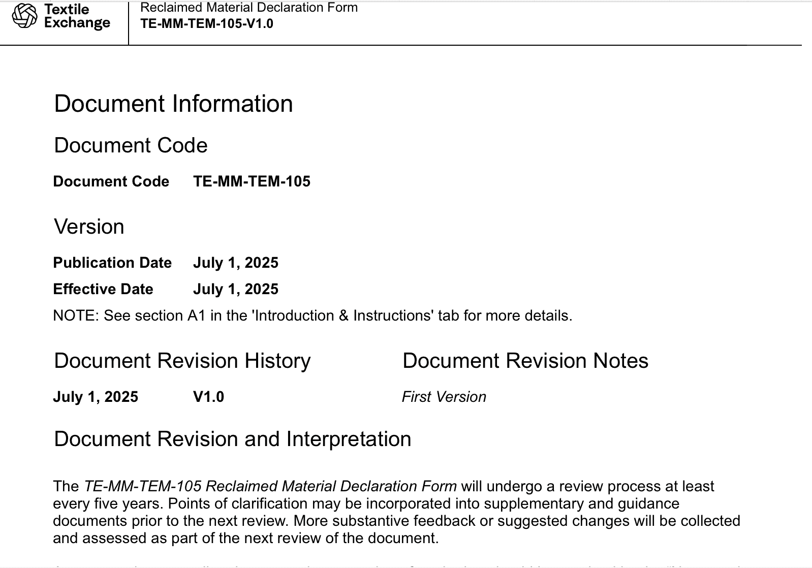 TE-MM-TEM-105 Reclaimed Material Declaration Form - Textile Exchange